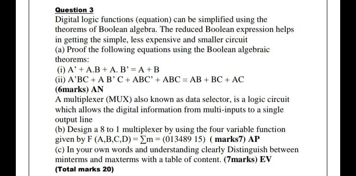 Solved Question 3 Digital logic functions (equation) can be | Chegg.com