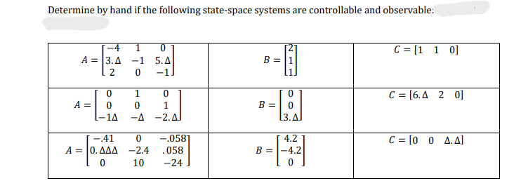 Solved Determine by hand if the following state-space | Chegg.com