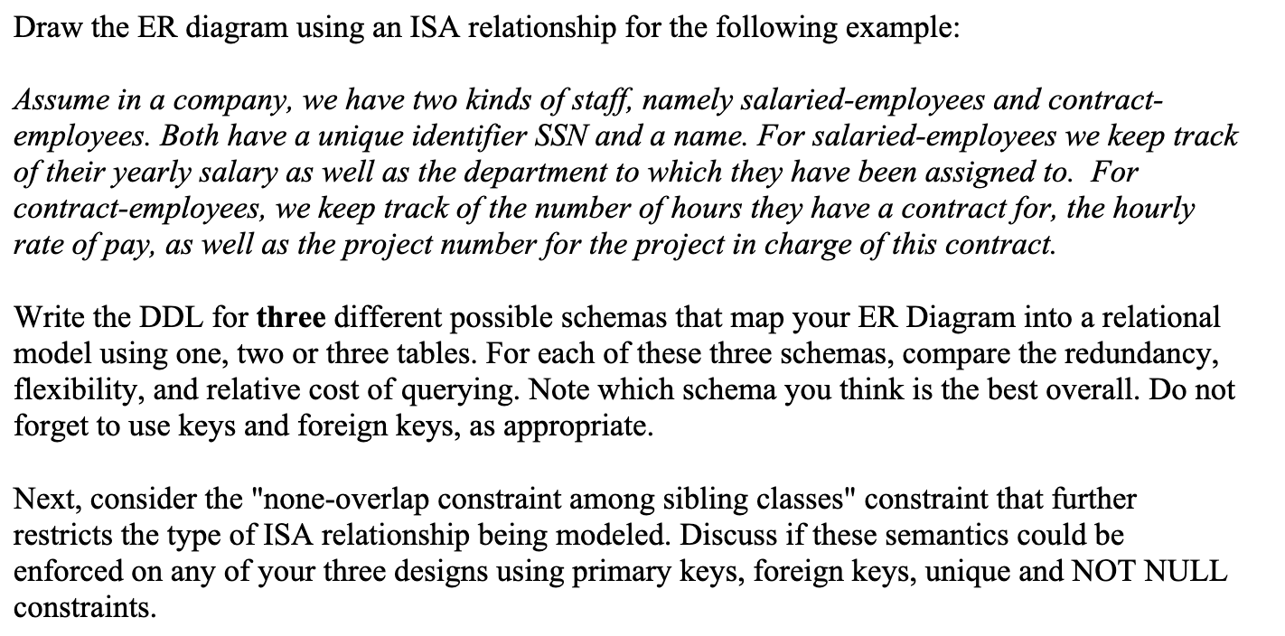 Solved Draw the ER diagram using an ISA relationship for the | Chegg.com