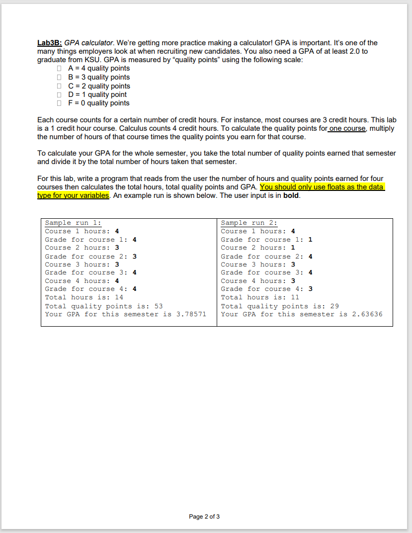 Solved Lab3B: GPA calculator. We're getting more practice | Chegg.com