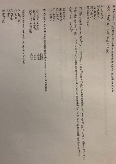 Solved Calculate E Degree Cell For A Silver Aluminum Cell In