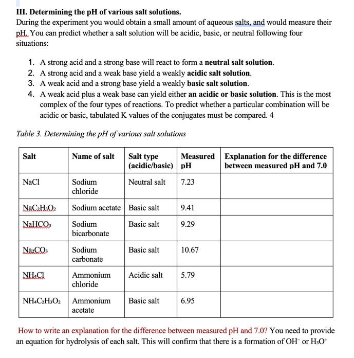 Solved III. Determining the pH of various salt solutions. | Chegg.com
