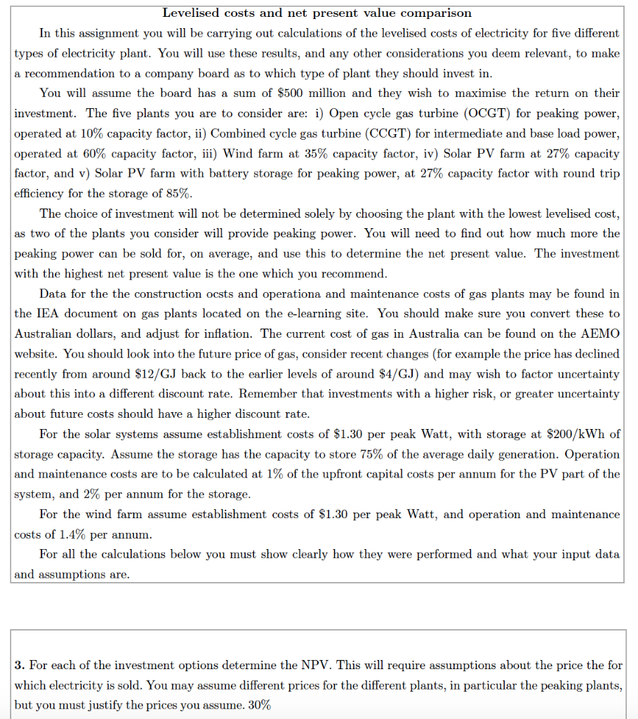 Levelised costs and net present value comparison In | Chegg.com
