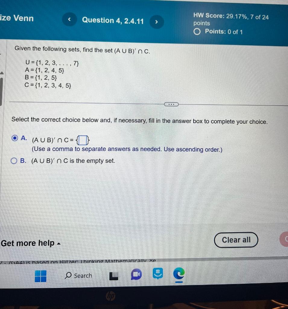 Solved Given the following sets, find the set (A∪B)′∩C. | Chegg.com