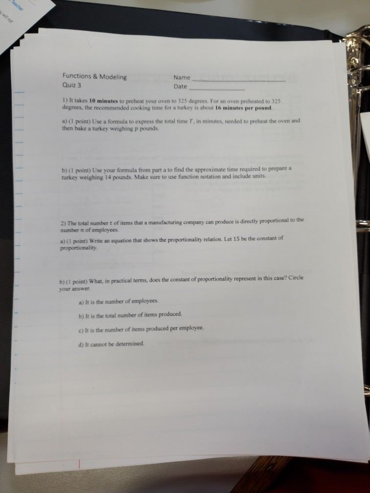 Solved Teacher Functions & Modeling Quiz 3 Name Date 1) It | Chegg.com