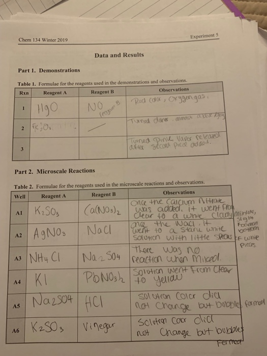 Solved Chem 134 Winter 2019 Experiment 5 Data and Results | Chegg.com