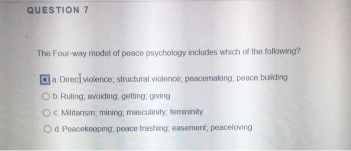 Solved QUESTION 7 The Four-way model of peace psychology | Chegg.com
