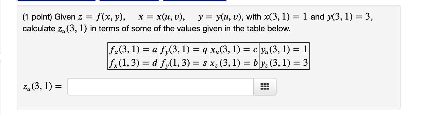 Solved (1 point) Given z = f(x, y), x = x(u, v), y = y(u, | Chegg.com