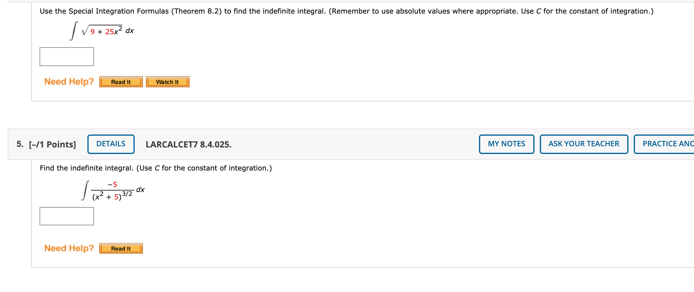 Solved Use the Special Integration Formulas (Theorem 8.2) to | Chegg.com