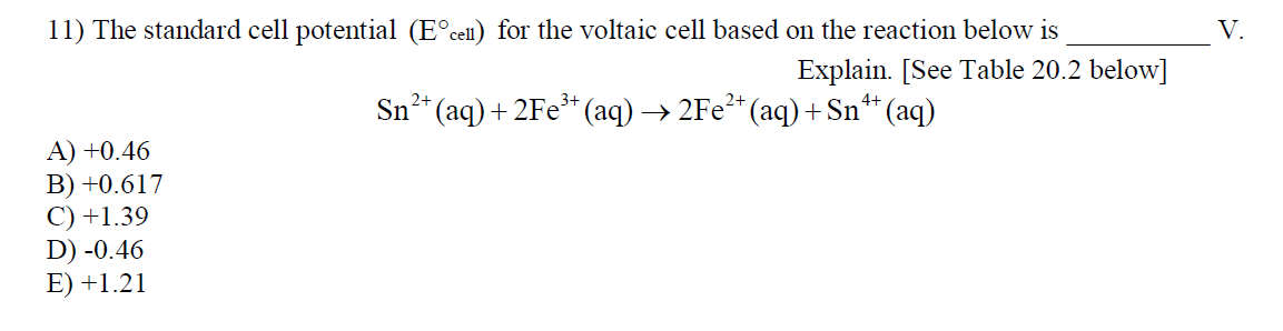 Solved V. 11) The standard cell potential (Eºcell) for the | Chegg.com