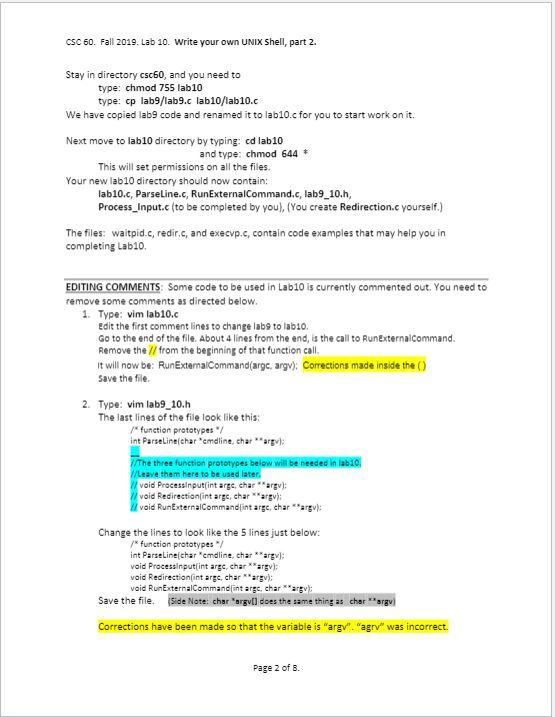 CSC 60. Fall 2019. Lab 10. Write your own UNIX Shell, | Chegg.com