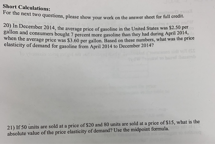 Solved Short Calculations For the next two questions, please | Chegg.com