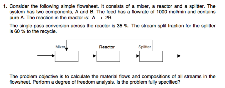 Solved 1. Consider the following simple flowsheet. It | Chegg.com