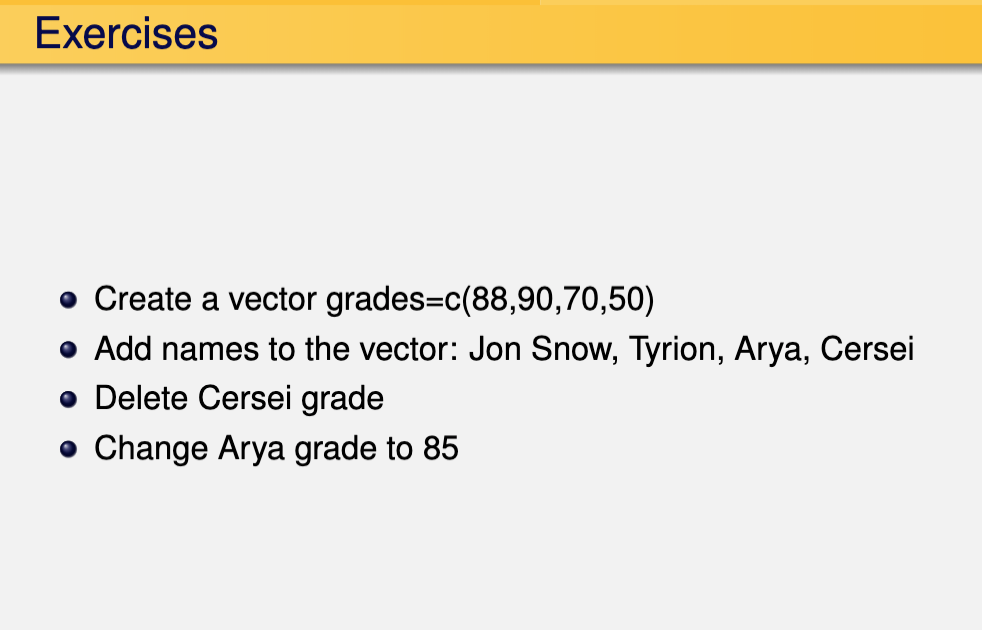 Solved Exercises • Create a vector grades=c(88,90,70,50) • | Chegg.com