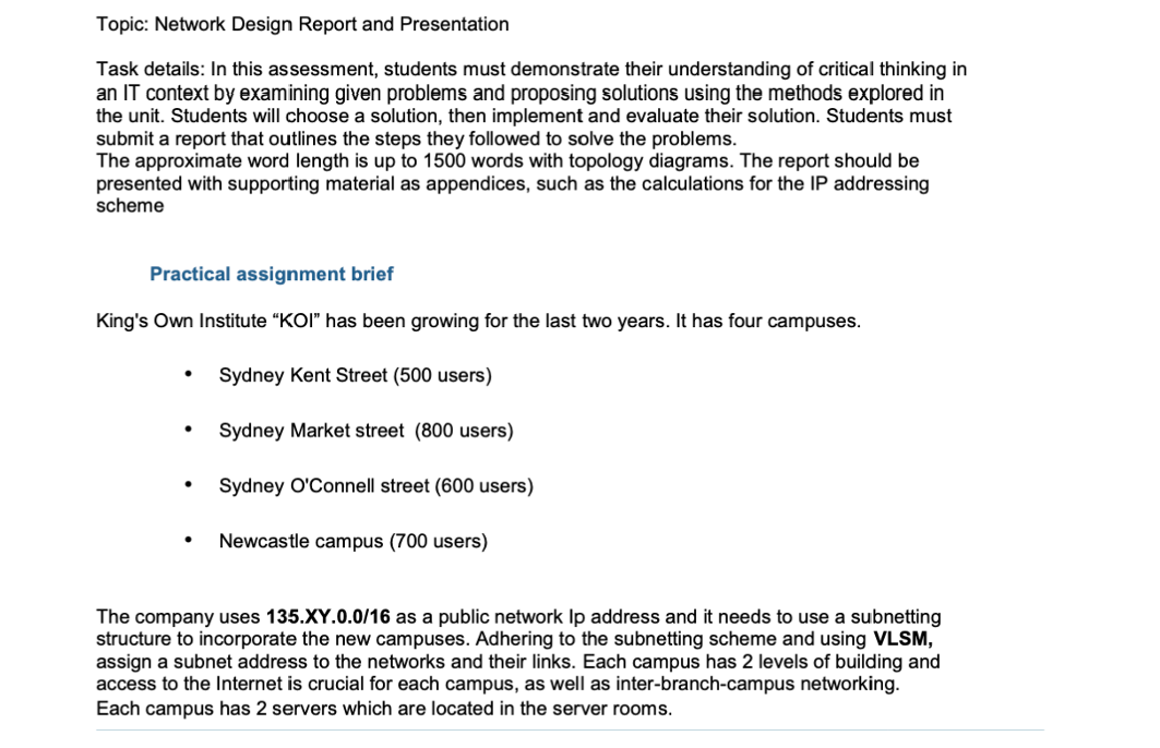 Solved Topic: Network Design Report and Presentation Task | Chegg.com