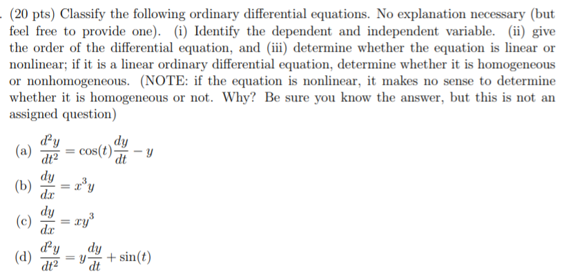 Solved (20 pts) Classify the following ordinary differential | Chegg.com
