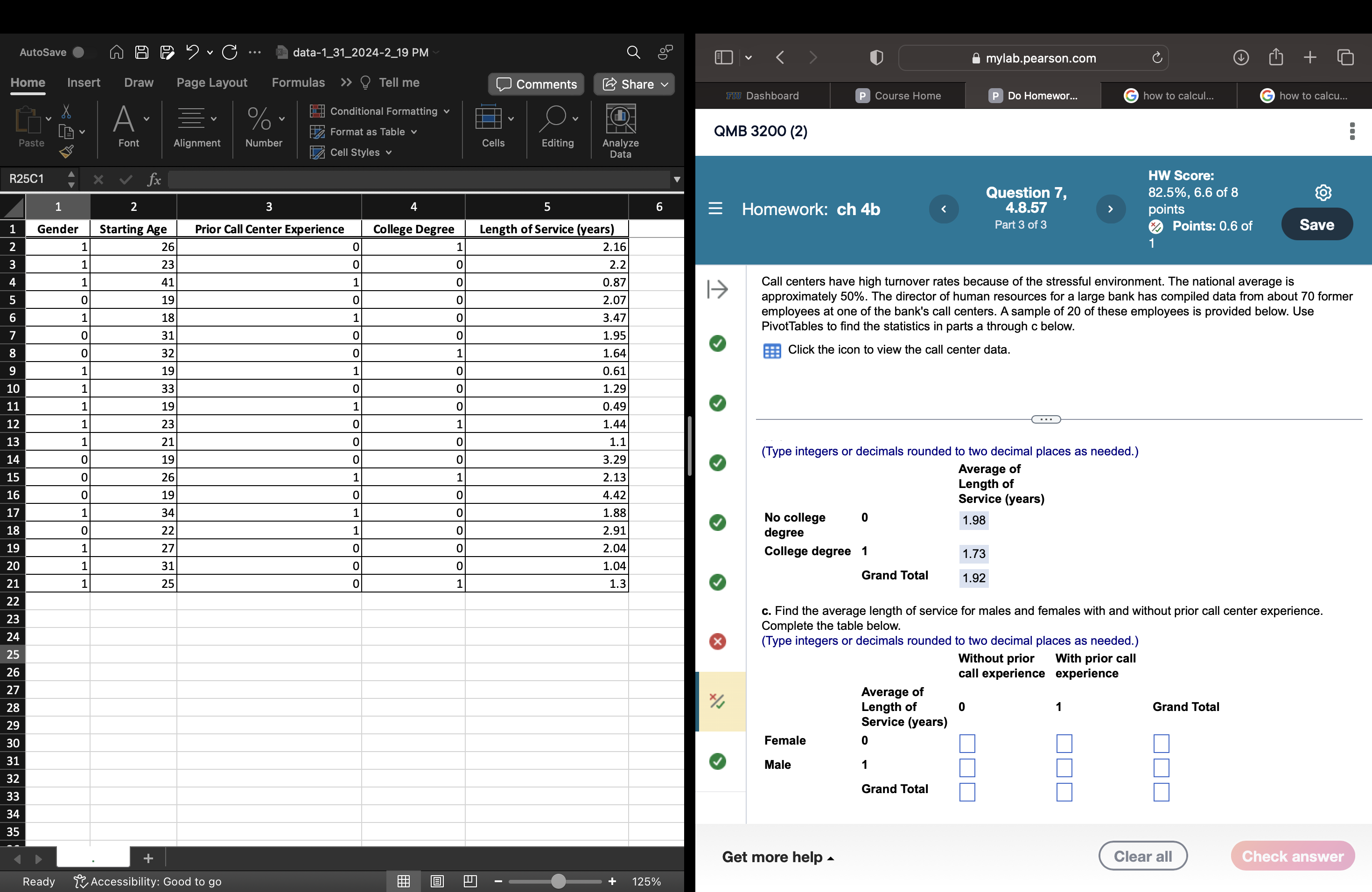 Solved c. ﻿Find the average length of service for males and | Chegg.com