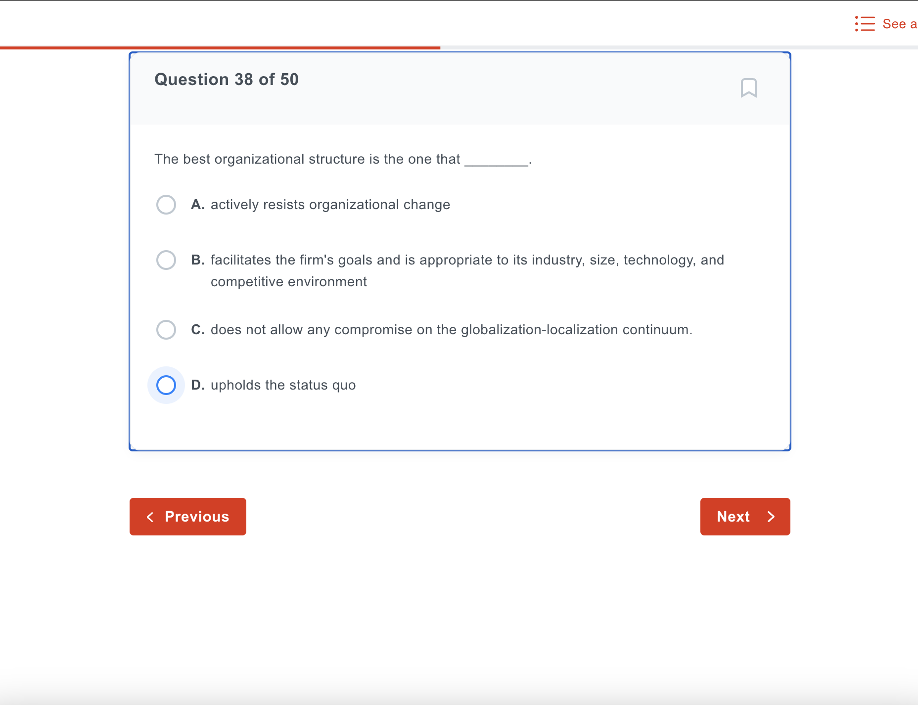 Solved Question 38 ﻿of 50The best organizational structure | Chegg.com