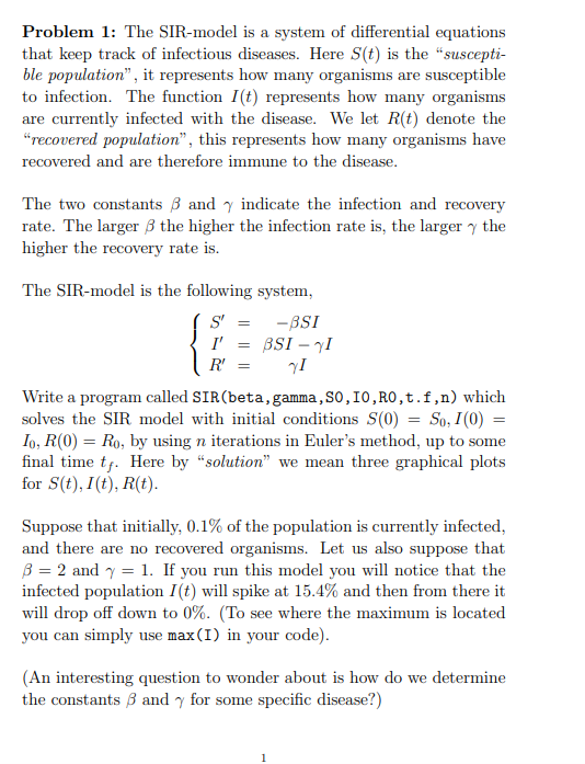 Solved Problem 1: The SIR-model is a system of differential | Chegg.com