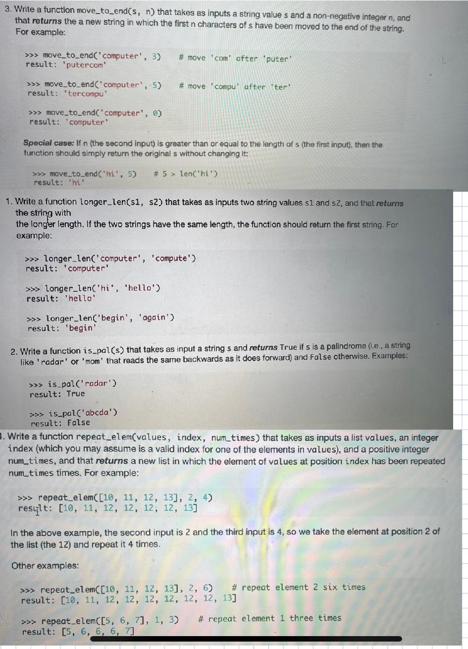 Solved 3. Write a function move_to_end (s,n) that takes as | Chegg.com