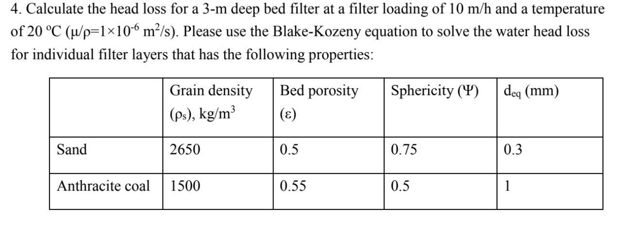 Solved 4. Calculate the head loss for a 3-m deep bed filter | Chegg.com