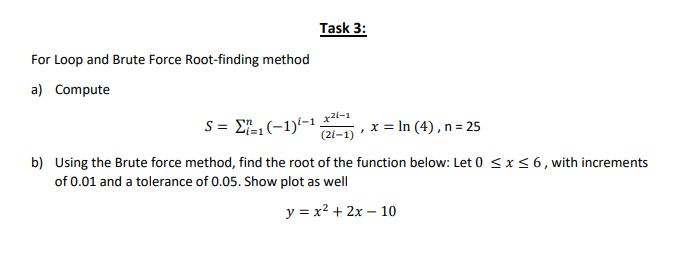 Solved Task 3: For Loop and Brute Force Root-finding method | Chegg.com