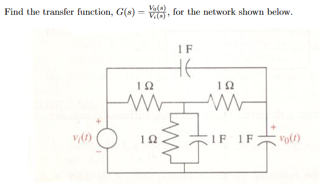 Solved Find the transfer function, G(s)=Vi(s)V0(s), for the | Chegg.com