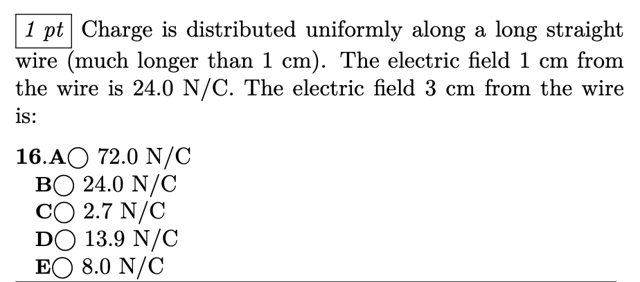 Solved 1 pt Charge is distributed uniformly along a long | Chegg.com