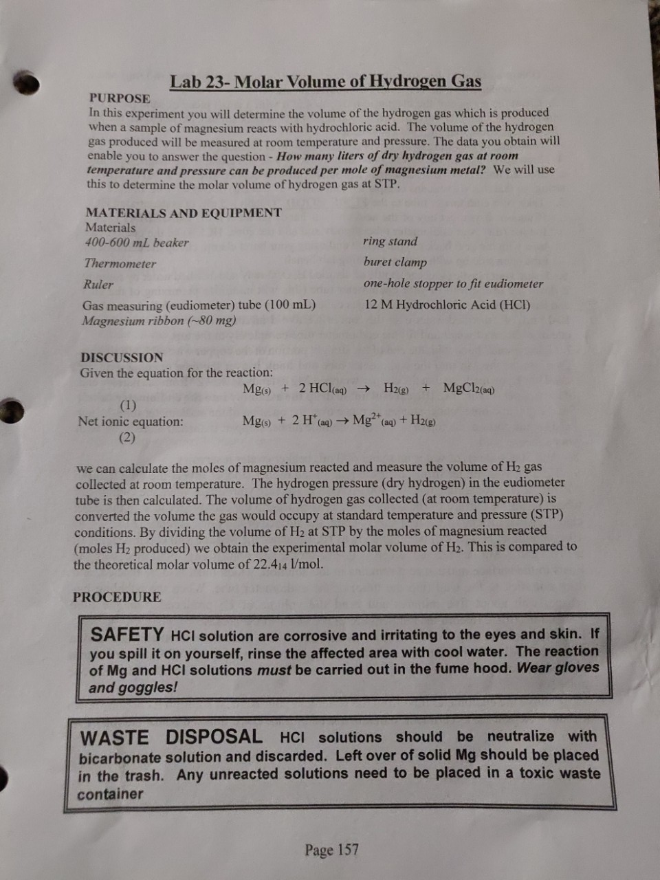 Lab 23- Molar Volume of Hydrogen Gas PURPOSE In this | Chegg.com