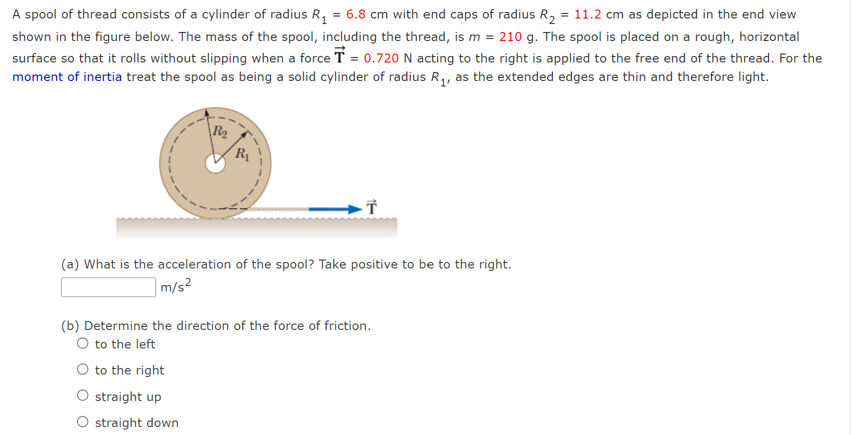 Solved A spool of thread consists of a cylinder of radius | Chegg.com