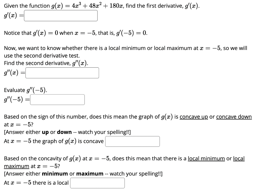 Solved Given the function g(x)=4x3+48x2+180x, find the first | Chegg.com