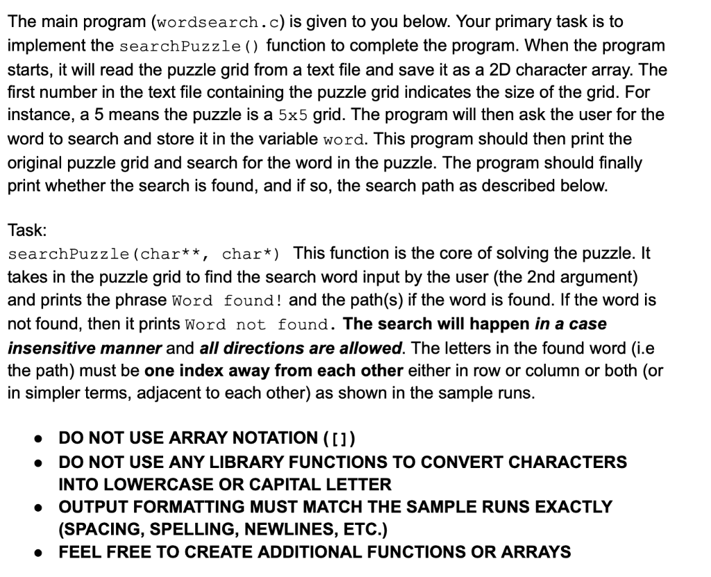 Solved The main program (wordsearch. c) is given to you | Chegg.com