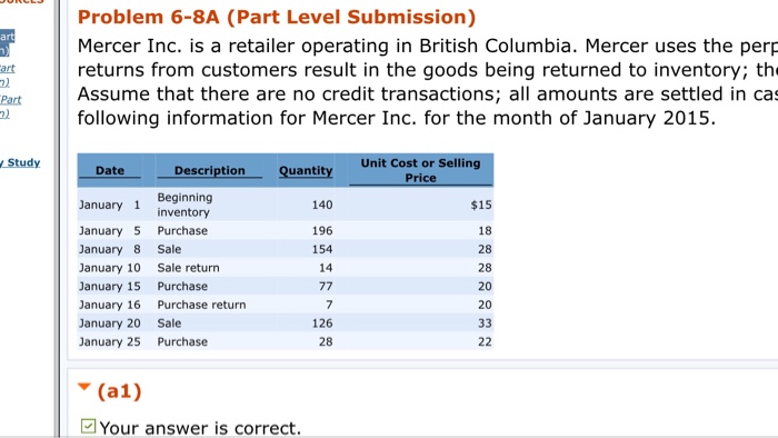 Solved Problem 6-8A (Part Level Submission) art Mercer Inc. | Chegg.com