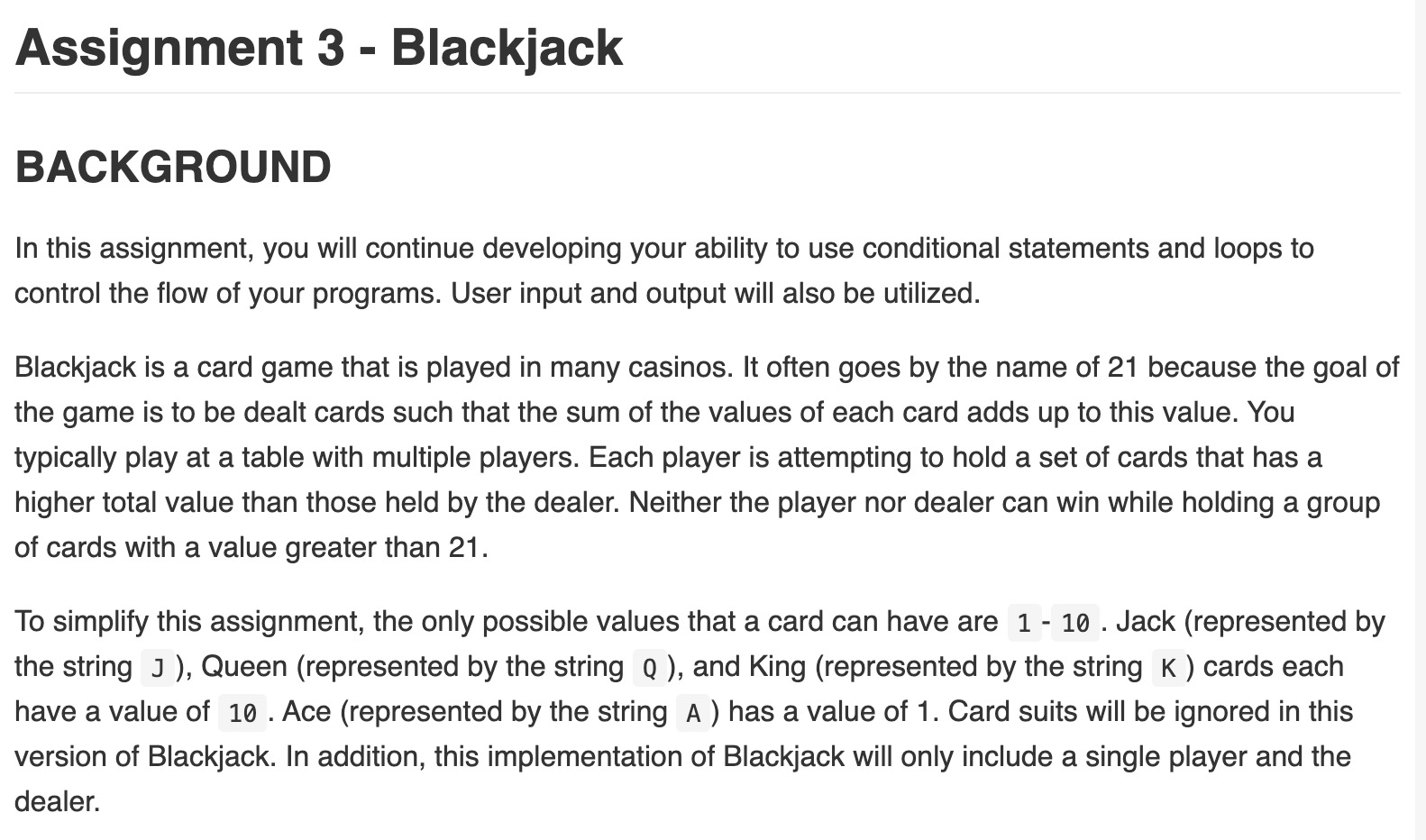 Solved Assignment 3 - Blackjack BACKGROUND In this | Chegg.com
