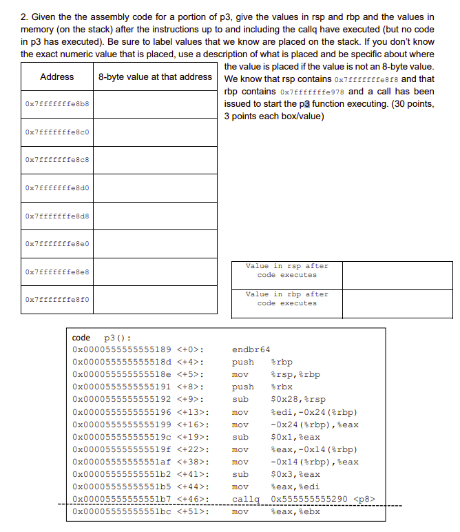 2. Given the the assembly code for a portion of p3, | Chegg.com