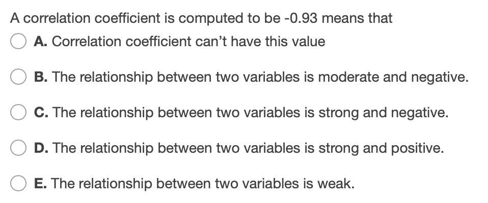 Solved A correlation coefficient is computed to be -0.93 | Chegg.com