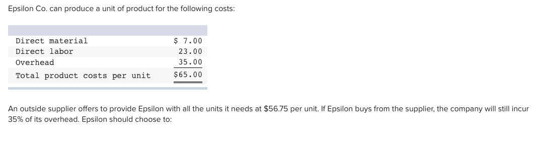 Solved Epsilon Co. can produce a unit of product for the | Chegg.com