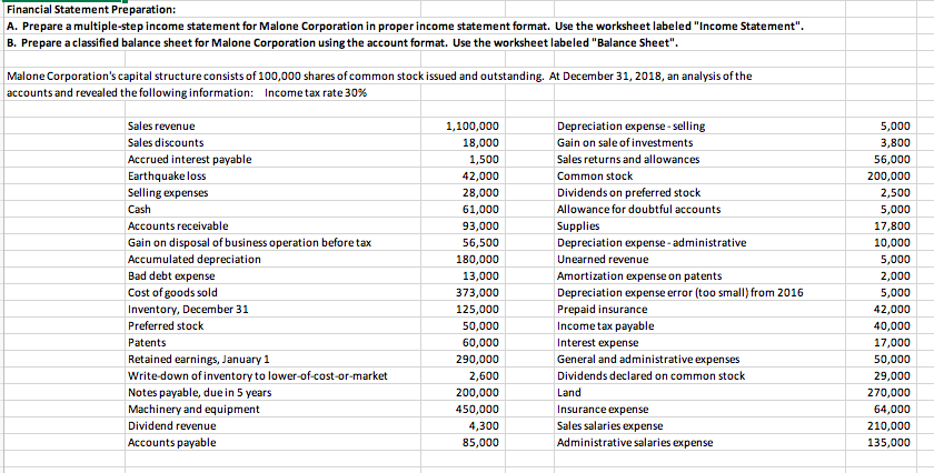 Solved Financial Statement Preparation: A. Prepare a | Chegg.com