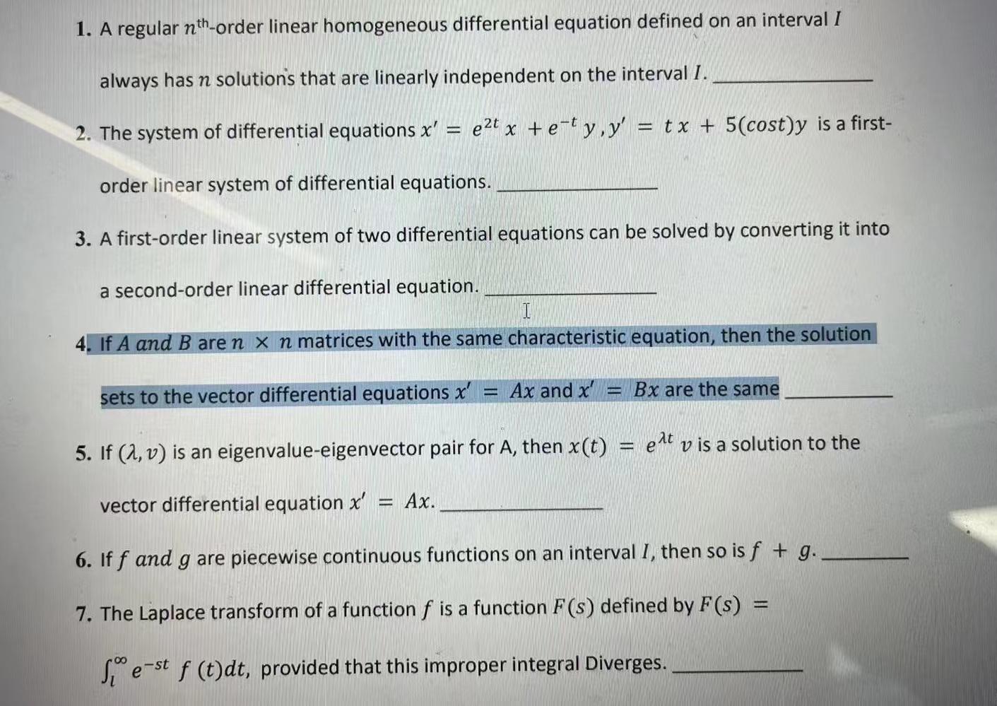Solved True or False: 1.A regular nth-order linear | Chegg.com