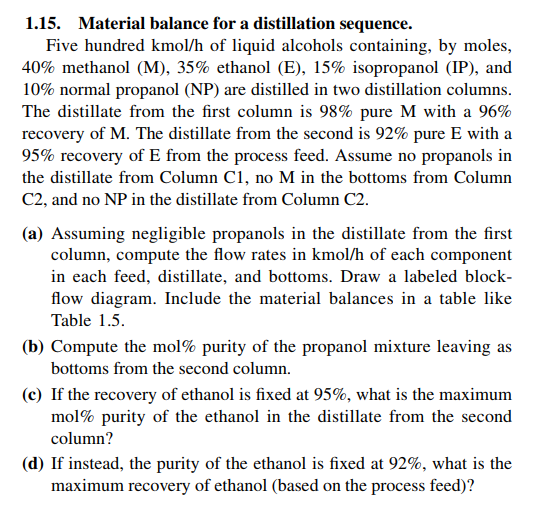 Solved 1.15. Material balance for a distillation sequence. | Chegg.com