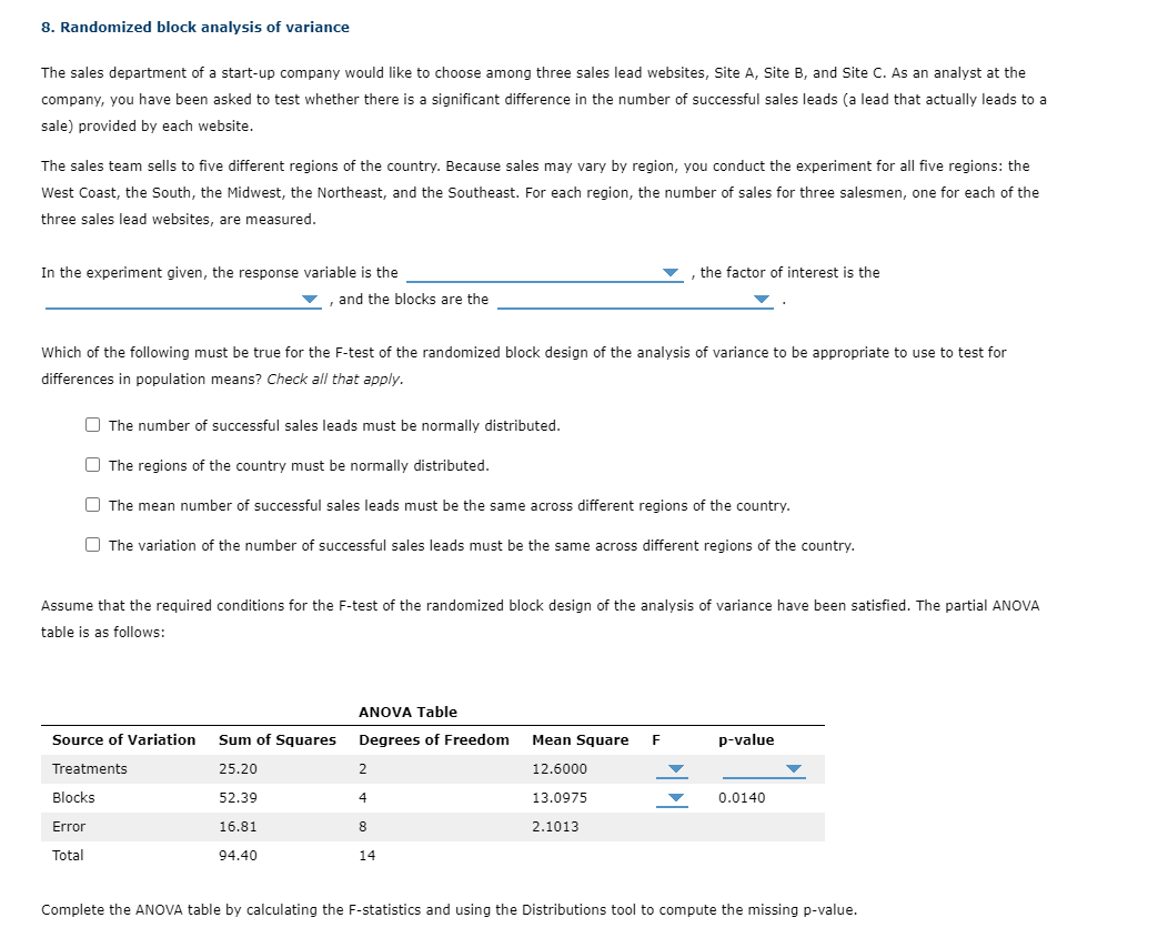 Solved 8. Randomized block analysis of variance The sales | Chegg.com