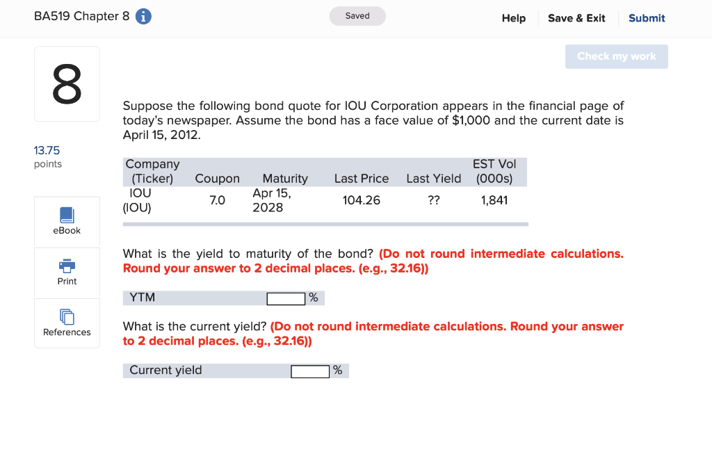 Solved BA519 Chapter 8 0 Saved Help Save & Exit Submit Check | Chegg.com