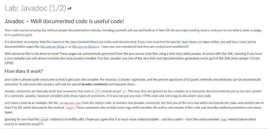 Solved Lab: Javadoc (1/2) at A Javadoc - Well documented | Chegg.com