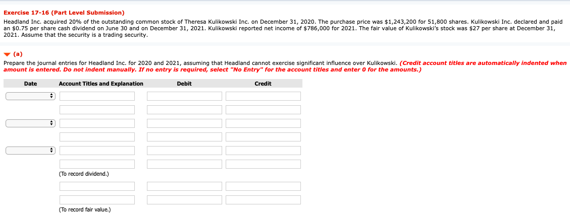 Solved Exercise 17-16 (Part Level Submission) Headland Inc. | Chegg.com