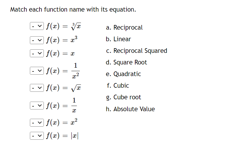Solved Match each function name with its equation. f(x)=3x | Chegg.com