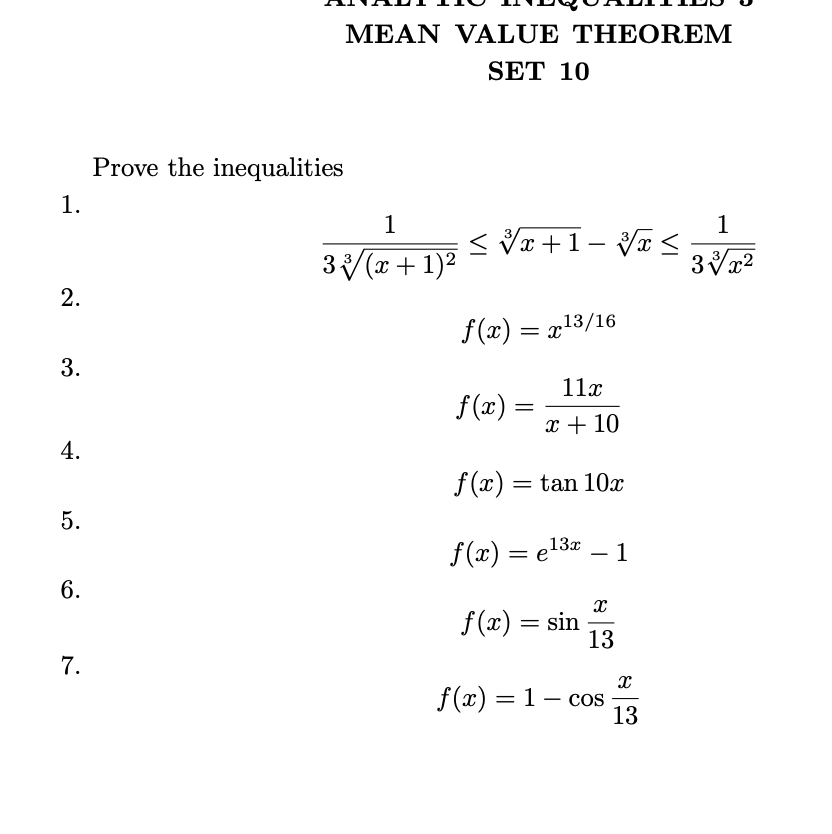 Solved MEAN VALUE THEOREM SET 10 Prove the inequalities 1. 1 | Chegg.com