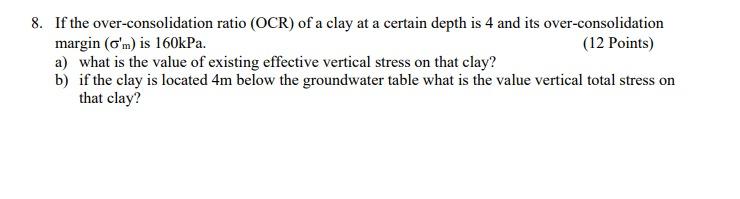 Solved 8. If the over-consolidation ratio (OCR) of a clay at | Chegg.com