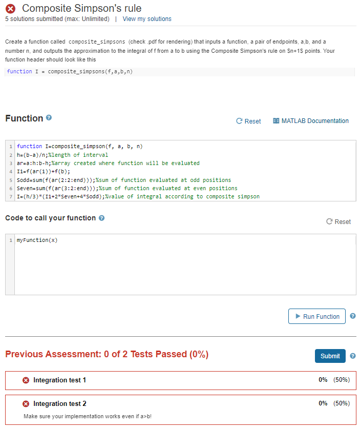 Solved * Composite Simpson's rule 5 solutions submitted | Chegg.com
