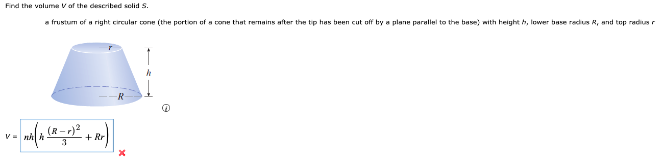 Solved Find the volume V of the described solid S. a frustum | Chegg.com