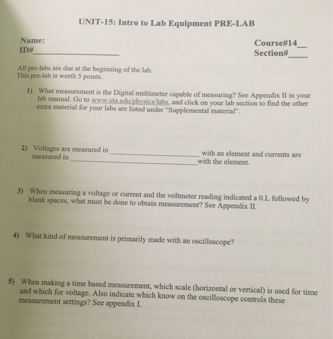 Solved Unit 15 Intro To Lab Equipment Pre Lab Name Id